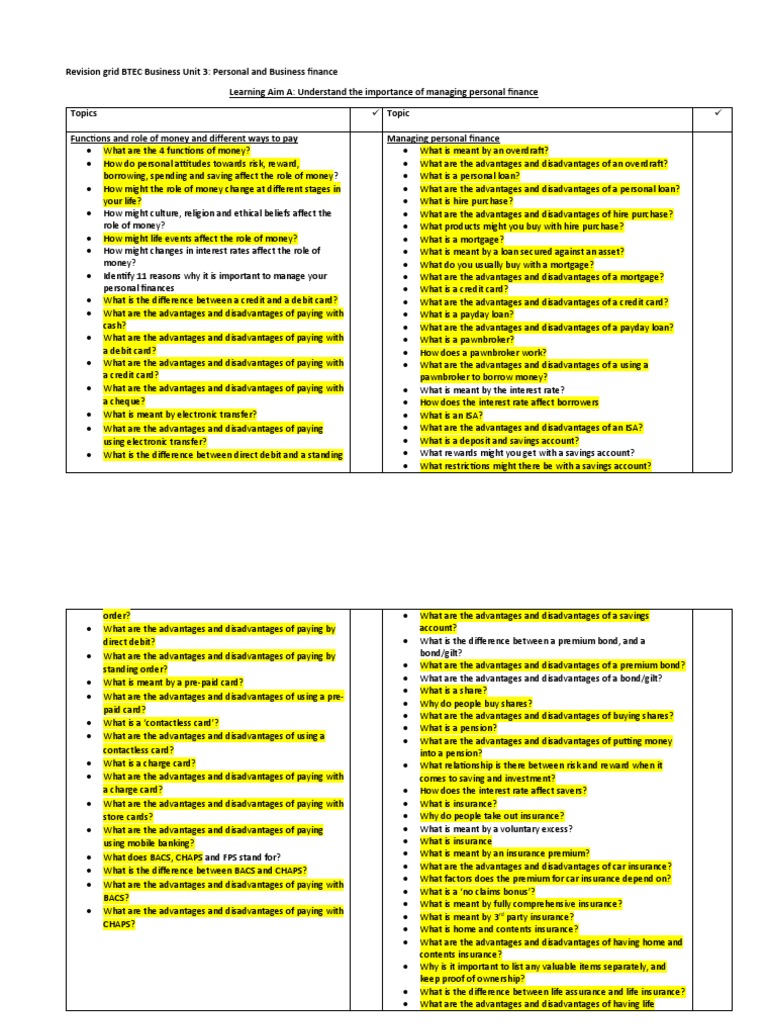Revision Grid BTEC Business Unit 3 Learning Aim A | PDF | Insurance | Loans