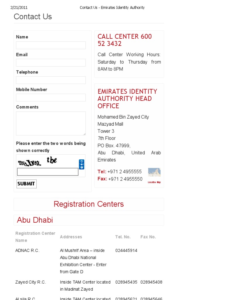 Contact Us - Emirates Identity Authority | PDF | United Arab Emirates ...
