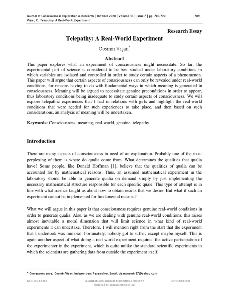 Real-World Telepathy Experiment | PDF | Qualia | Consciousness
