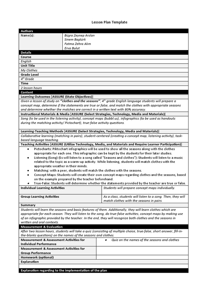 Authors: Lesson Plan Template | PDF | Lesson Plan | Multiple Choice