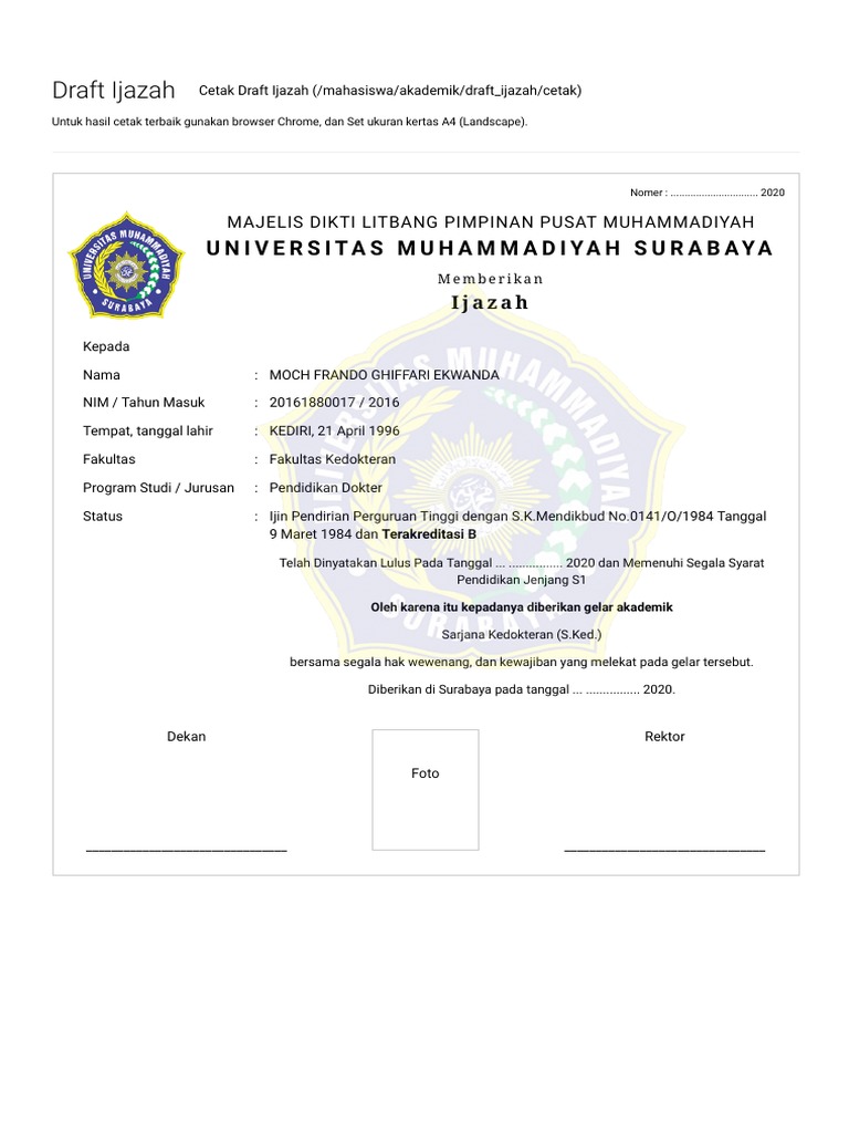 Um-Surabaya - Draft Ijazah | PDF