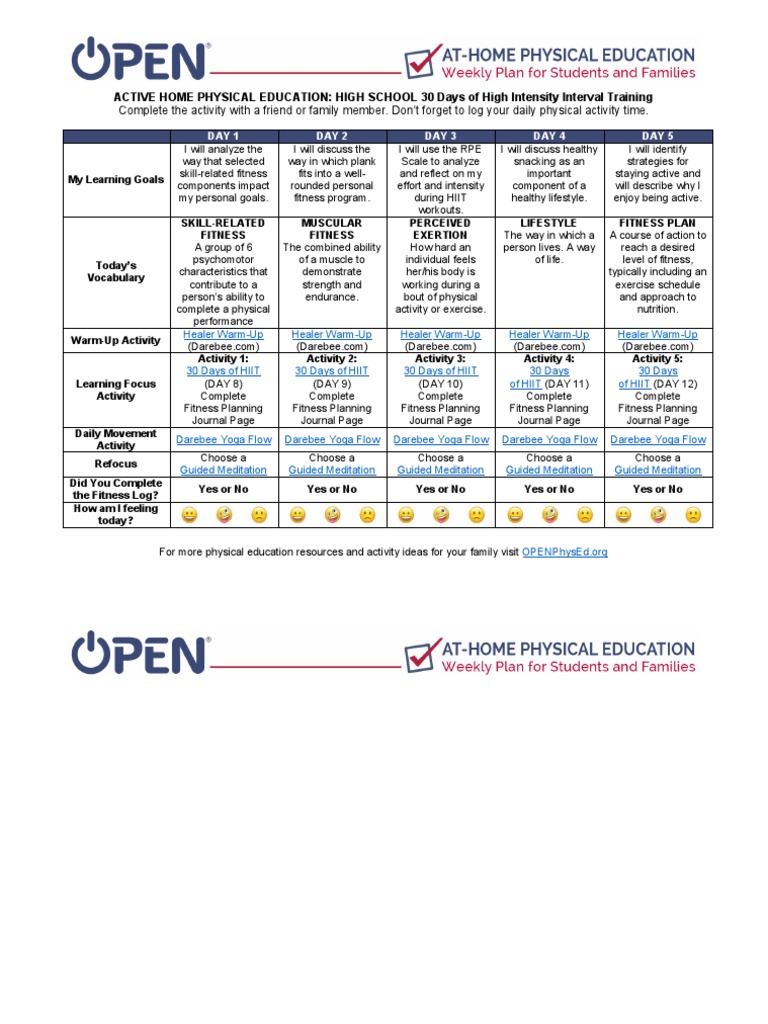 ACTIVE HOME PHYSICAL EDUCATION: HIGH SCHOOL 30 Days of High Intensity ...
