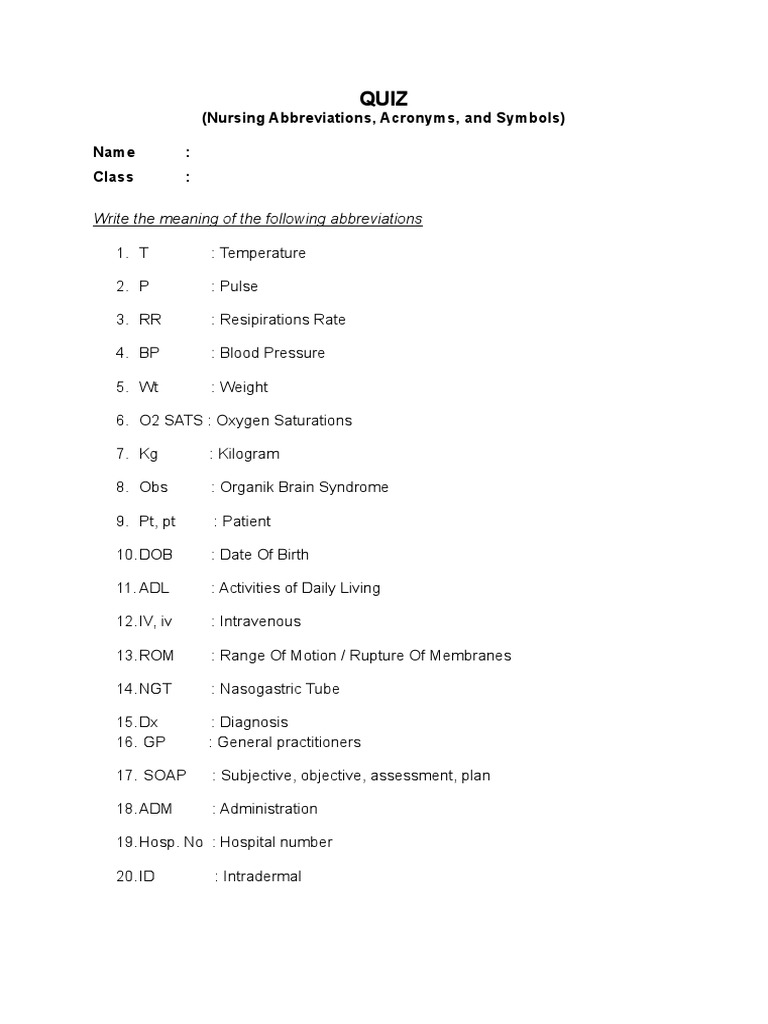 (Nursing Abbreviations, Acronyms, and Symbols) Name: Class | PDF ...