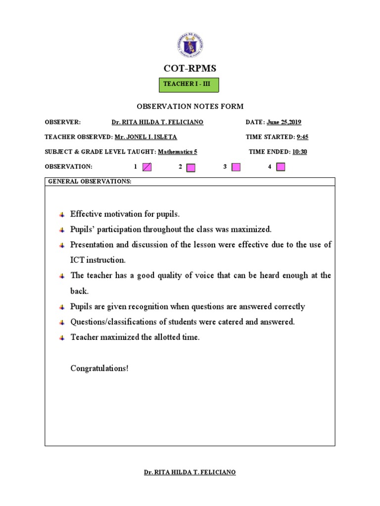 Cot Notes 1-4 - Sir Jonel | PDF | Educational Technology | Teachers