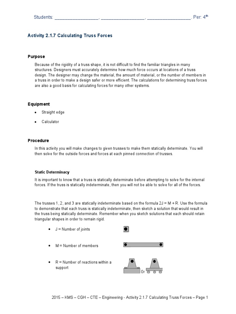 Activity 2.1.7 Calculating Truss Forces: Students: - , - , - Per: 4 | PDF | Truss | Force