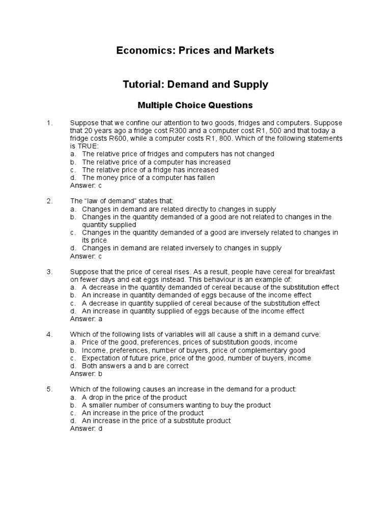 Tutorial MC Demand and Supply | PDF | Economic Equilibrium | Demand Curve
