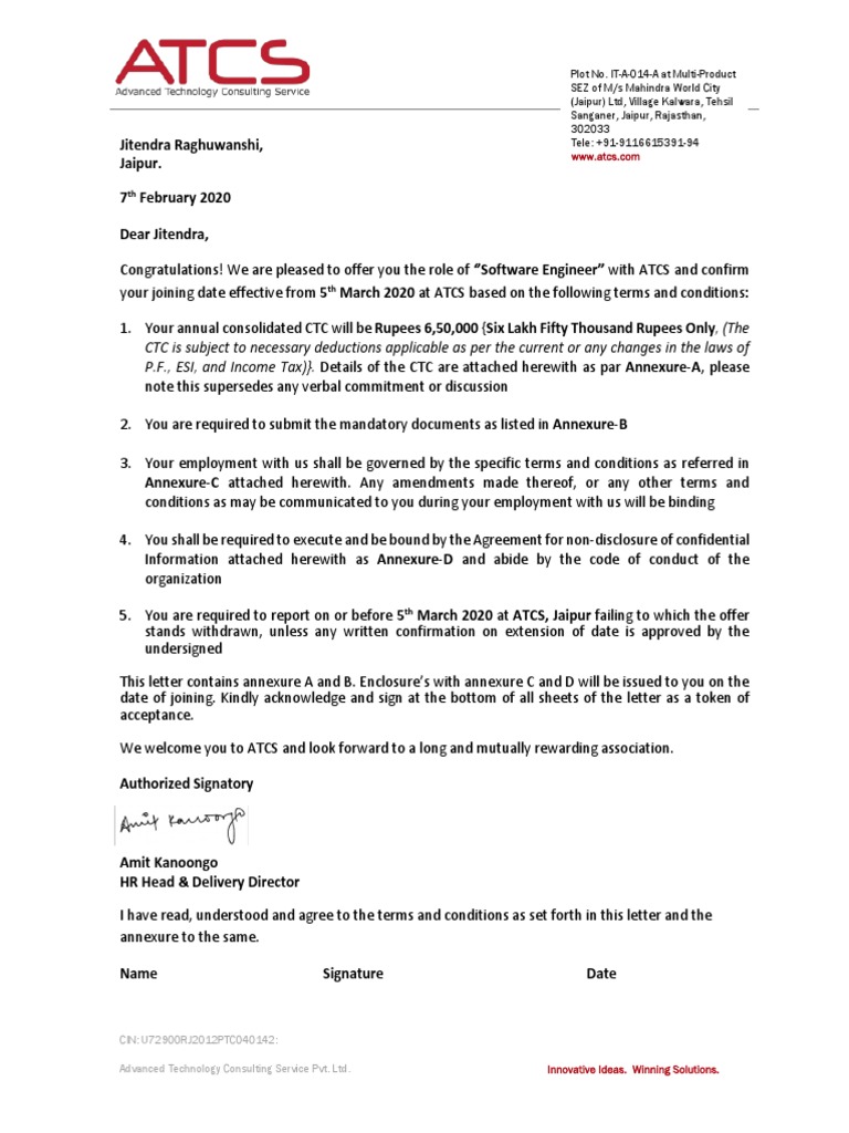 ATCS Job Offer for Jitendra Raghuwanshi | PDF | Tax Deduction | Taxes