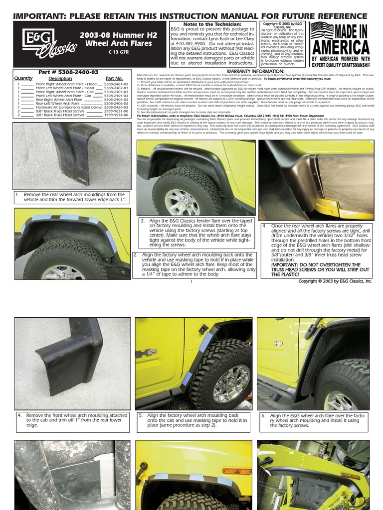 03 Up Hummer H2 Fender Flares Installation Manual | PDF