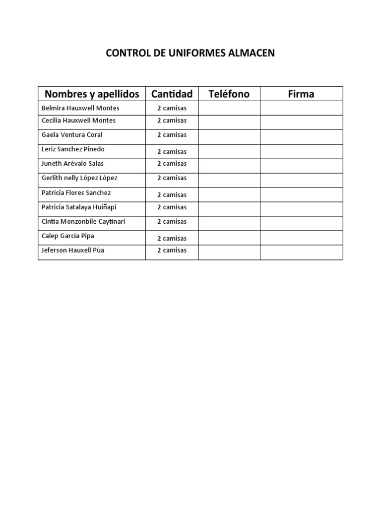 Control de Uniformes Almacen | PDF