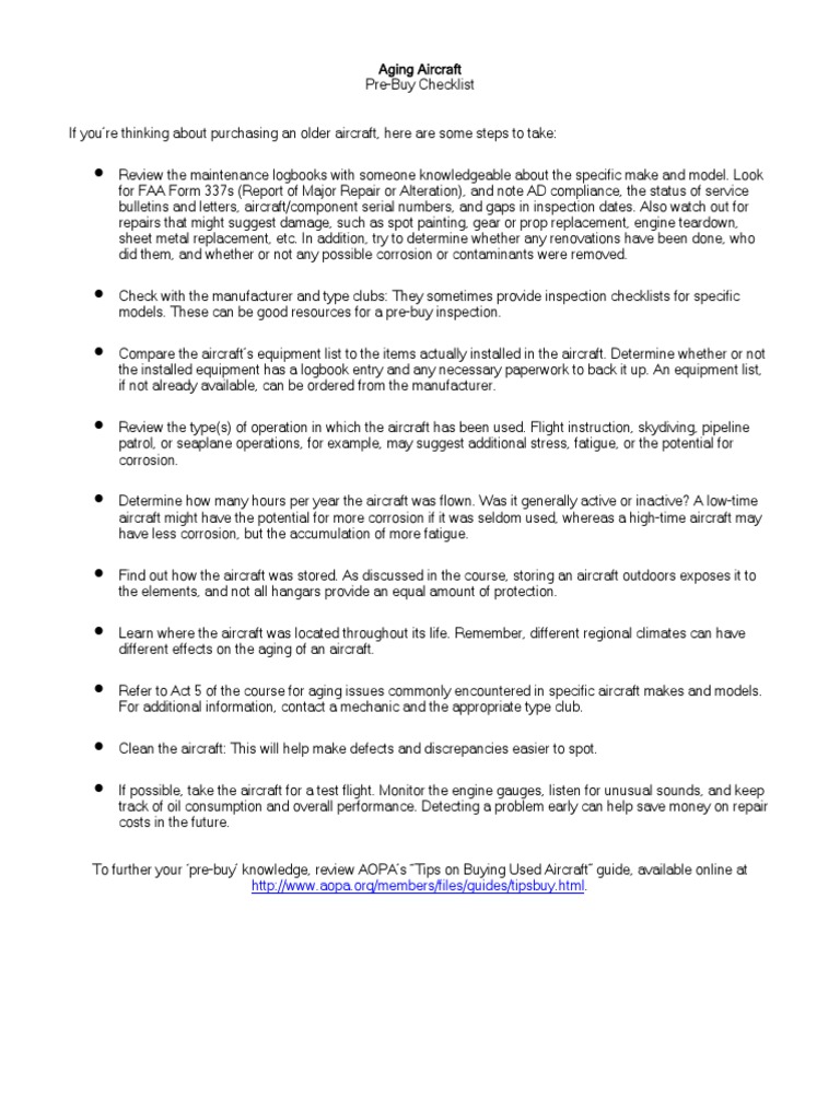 Aging Aircraft Pre Purchase Checklist | PDF | Corrosion | Aircraft