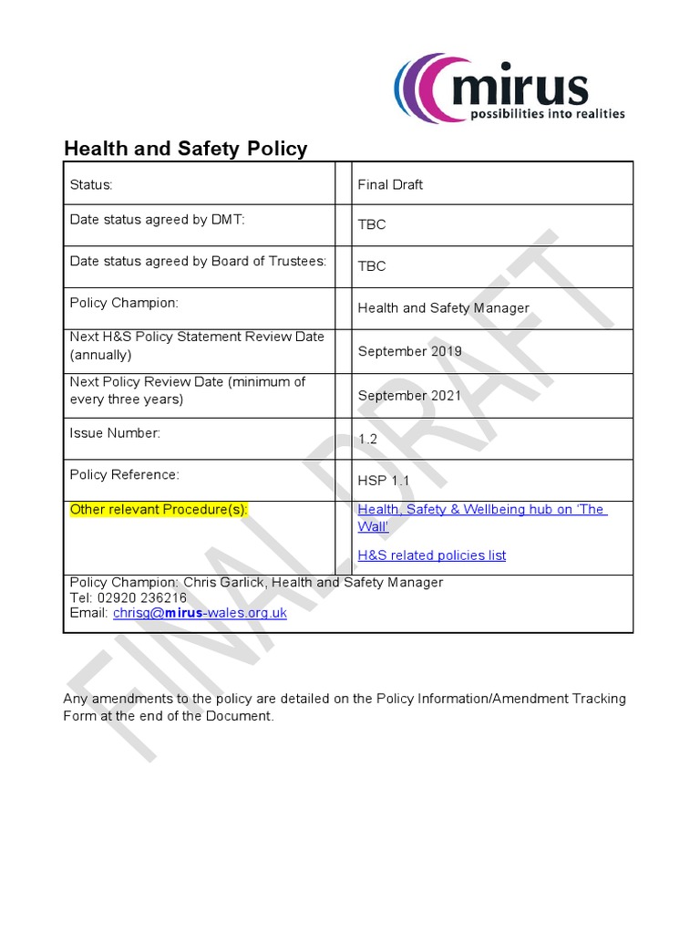Case Study 1 - Health and Safety Policy - Final Draft - August 2018 ...