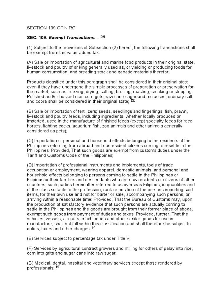 SEC. 109. Exempt Transactions. | Download Free PDF | Foods | Philippines