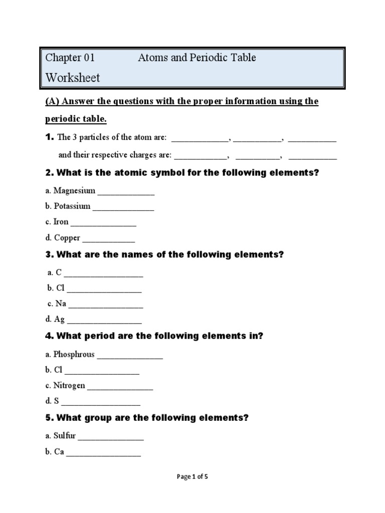 Atoms and Periodic Table Worksheet | PDF | Chemical Elements | Atomic ...