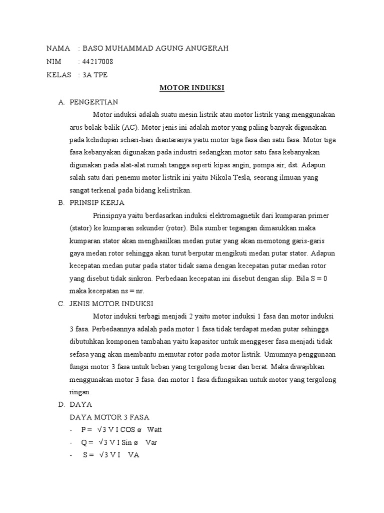 Baso Muhammad Agung (44217008) Kelas 3A TPE - Motor Induksi | PDF