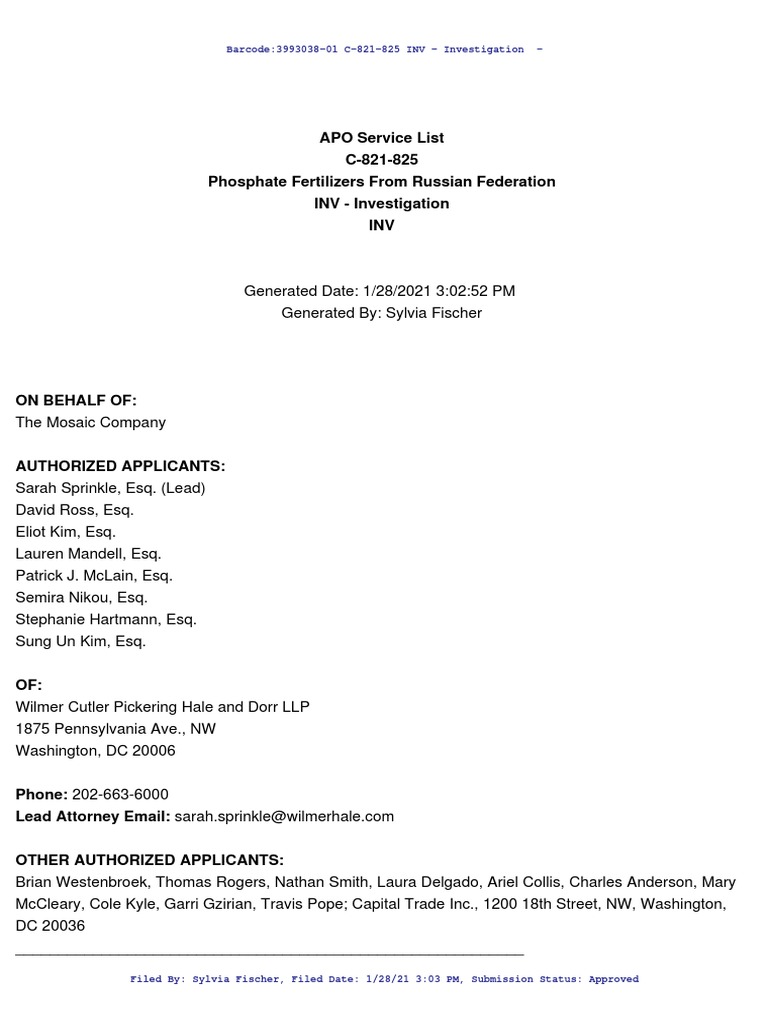 APO Service List C-821-825 Phosphate Fertilizers From Russian ...