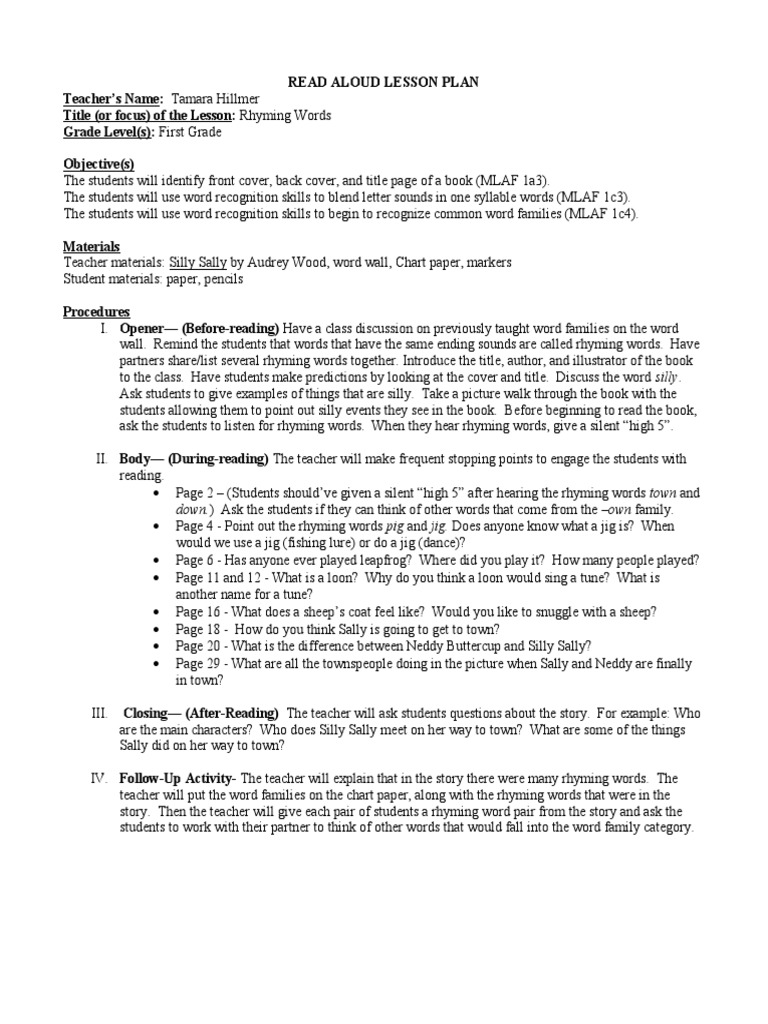 Read Aloud Lesson Plan Teacher's Name: Tamara Hillmer Title (Or Focus ...