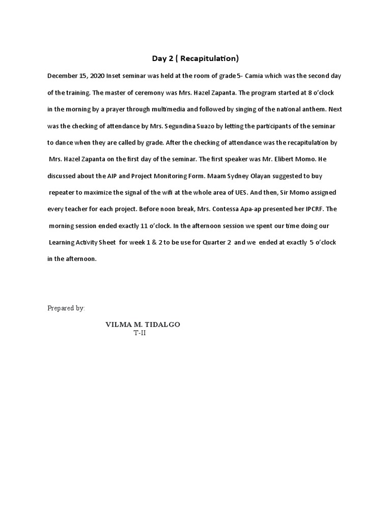 Day 2 (Recapitulation) : Prepared By: Vilma M. Tidalgo T-Ii | PDF