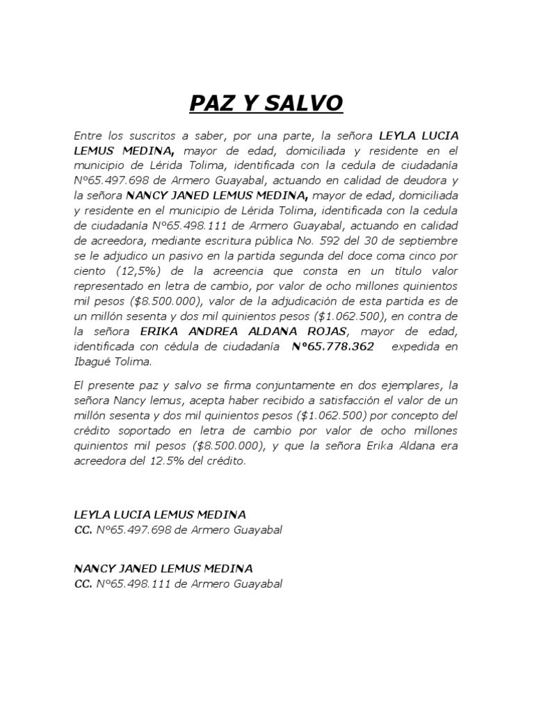 Paz y Salvo Nancy Lemus | PDF | Derecho privado | Bancario