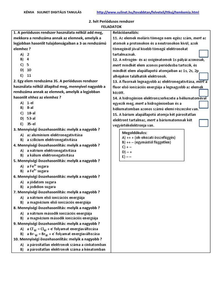 2.hét - Periódusos Rendszer - Megold - Nélkül | PDF