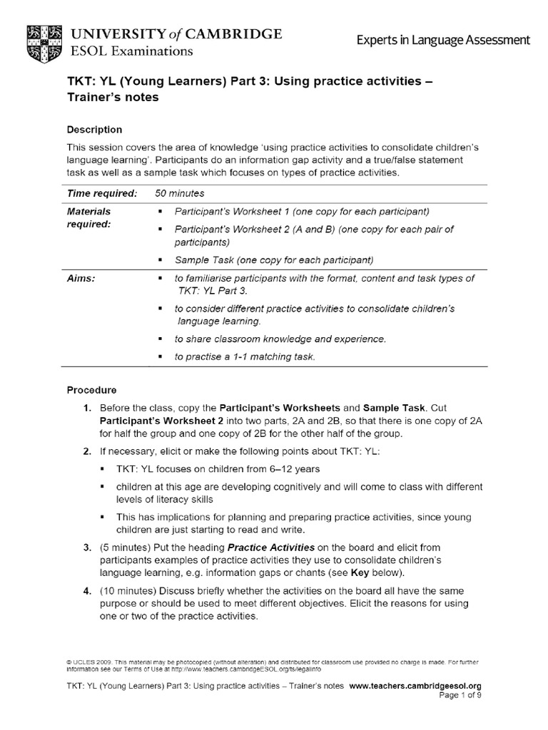 TKT - Yl - Part - 3 - Using Practice Activities | PDF