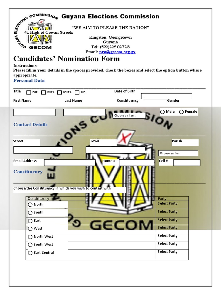 Candidates' Nomination Form: Guyana Elections Commission | PDF | Business