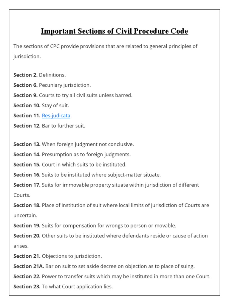 Important Sections of Civil Procedure Code | PDF | Pleading | Lawsuit