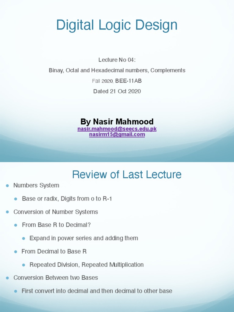 04 DLD Lec 04 Binay, Octal, Hex Numbers Dated 21 Oct 2020 Lecture Slides | PDF