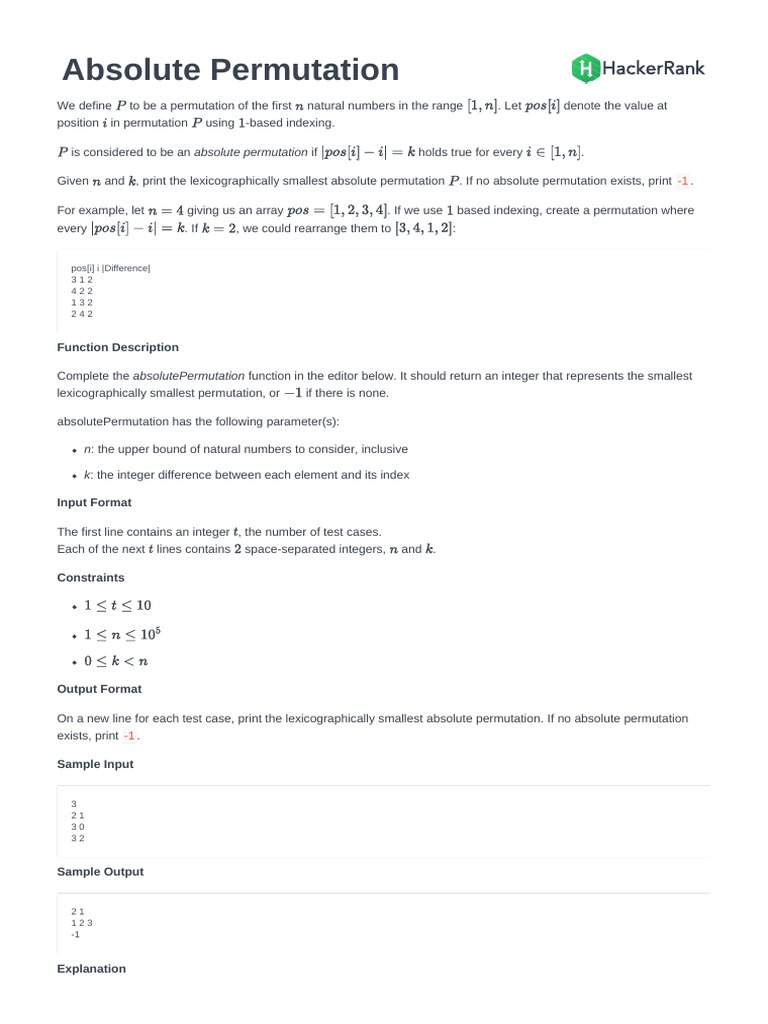 Absolute Permutation: Function Description | PDF