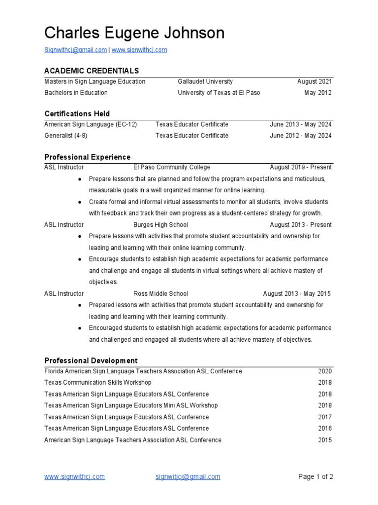 Johnson Curriculum Vitae | PDF | American Sign Language | Language Education