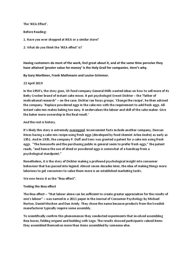 Marketers' Guide to the IKEA Effect | PDF | Psychology | Psychological ...
