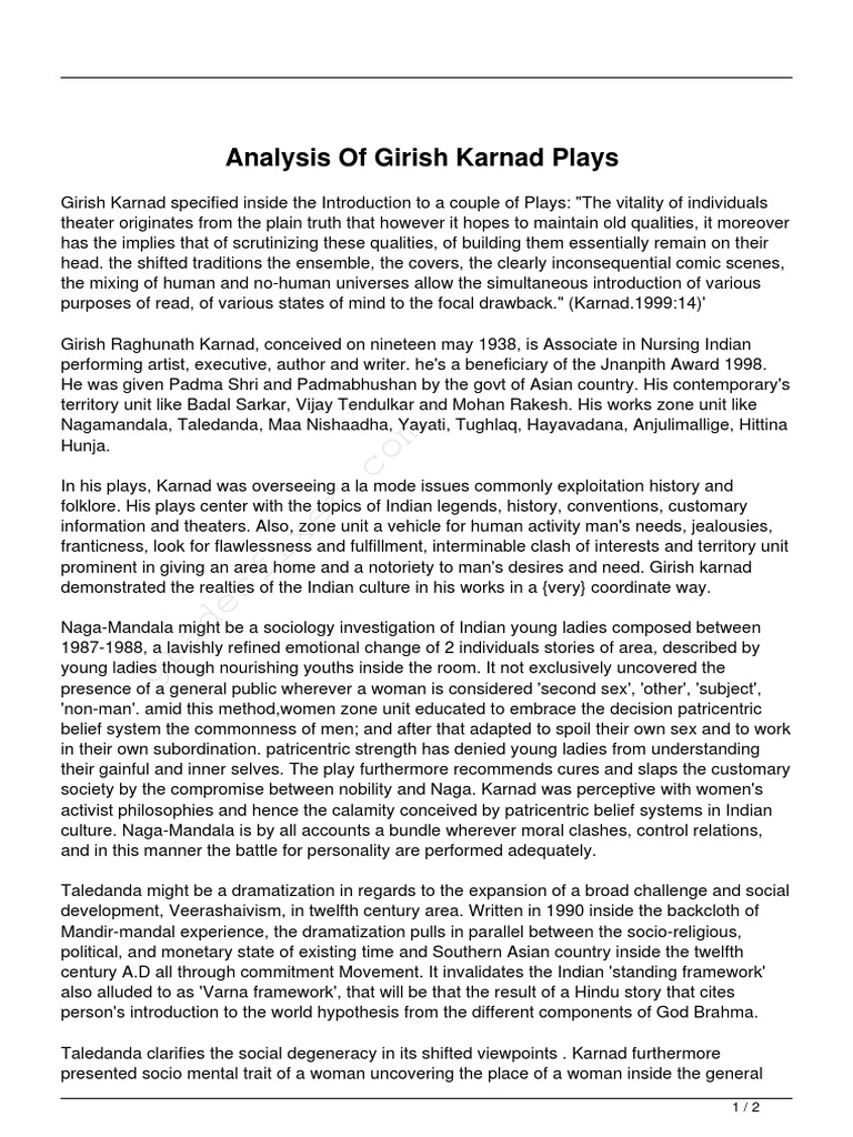 Analysis of Girish Karnad Plays | PDF | General Fiction