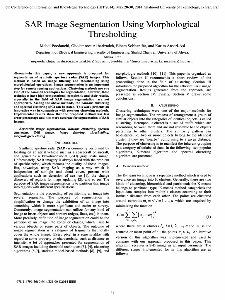Sar Image Segmentation Using Morphological Thresholding Pdf Cluster Analysis Image