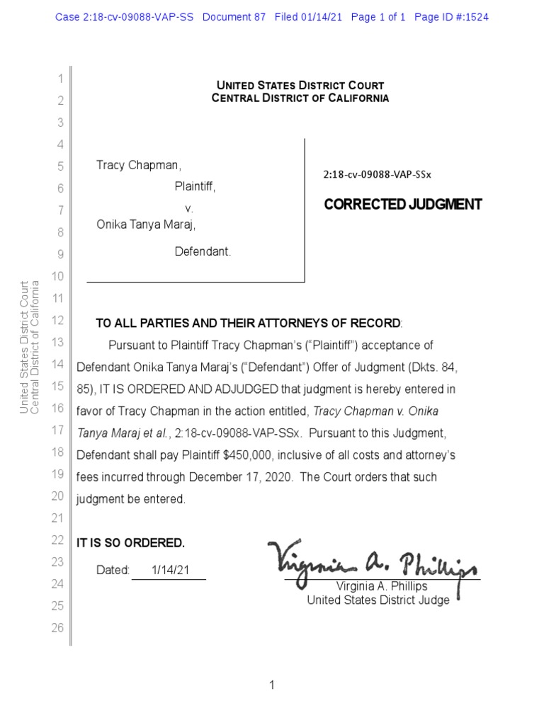 Chapman v. Minaj, Et Al (US District Court C.D.Cal. 2020) Rule 68 Offer ...