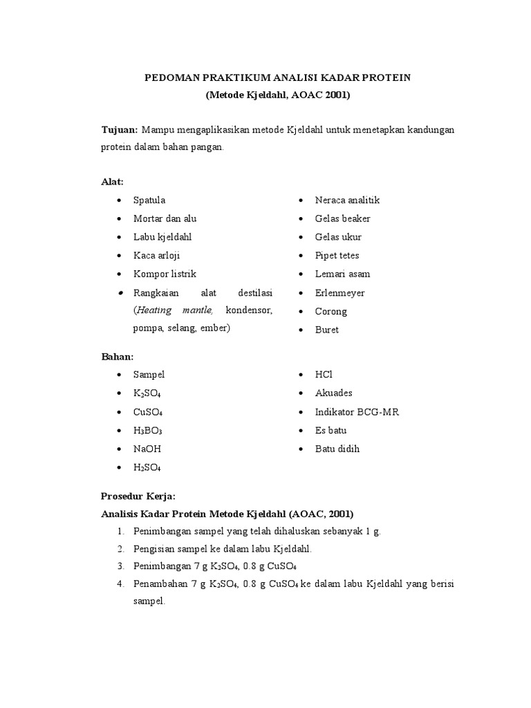 Petunjuk Praktikum Analisis Kadar Protein (Metode Kjeldahl) | PDF