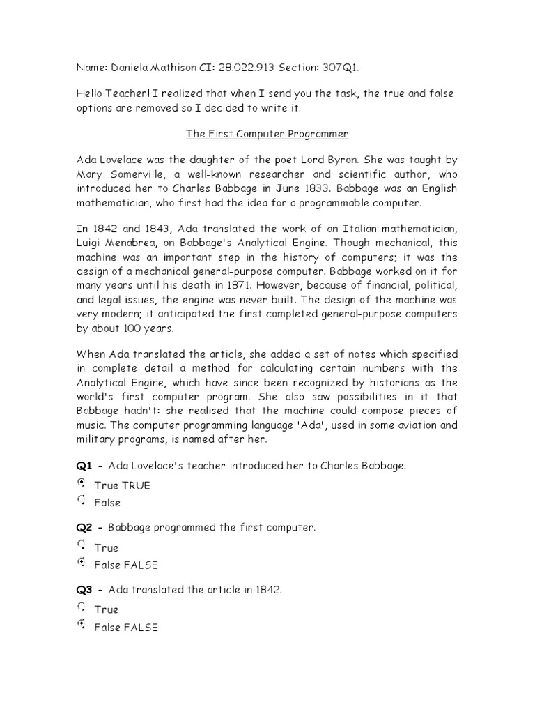 The First Computer Programmer Daniela Mathison CI 28022913 - 307Q1 ...