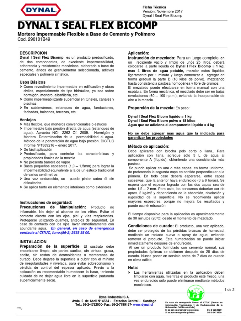 Dynal I Seal Flex Bicomp: Ficha Técnica | PDF | Hormigón | Agua