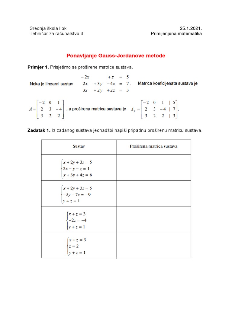 PM - Gauss-Jordanova Metoda - Primjena - TER3 - 25-1-2021 | PDF