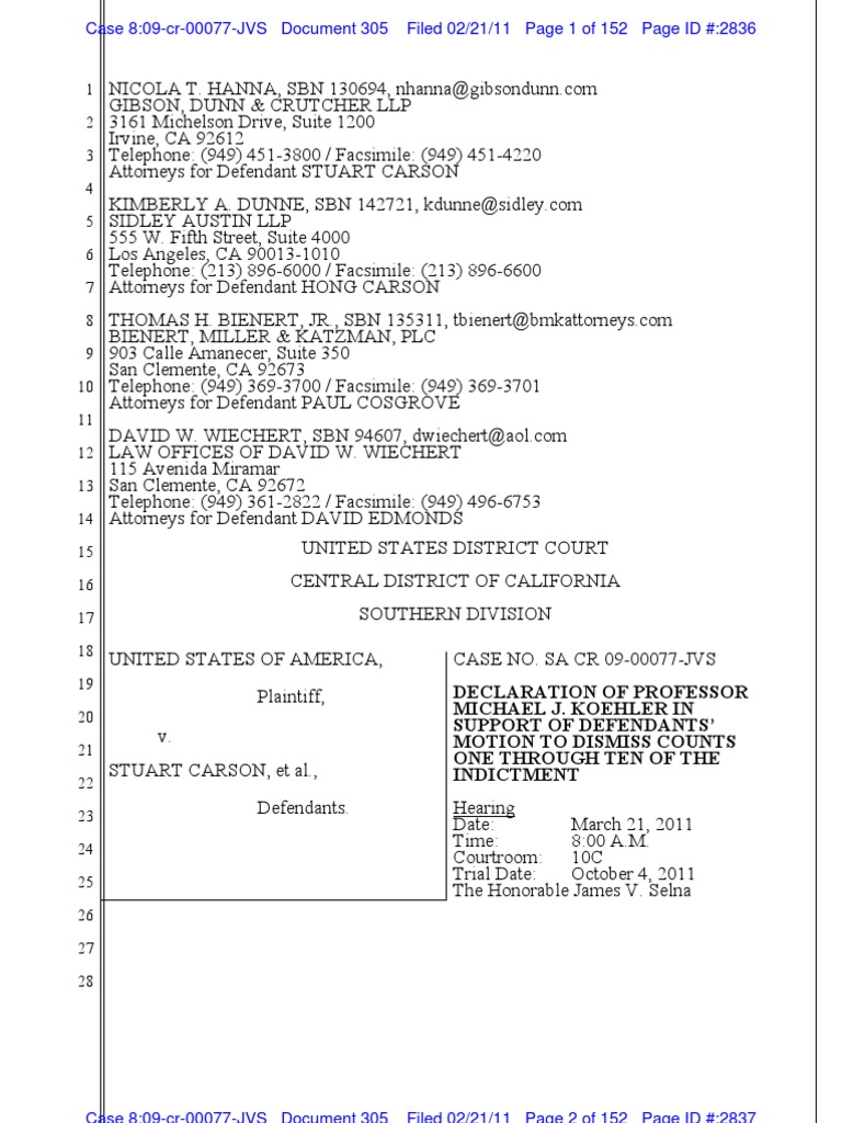 U.S. v. Stuart Carson El Al. (Declaration of Professor Michael Koehler ...