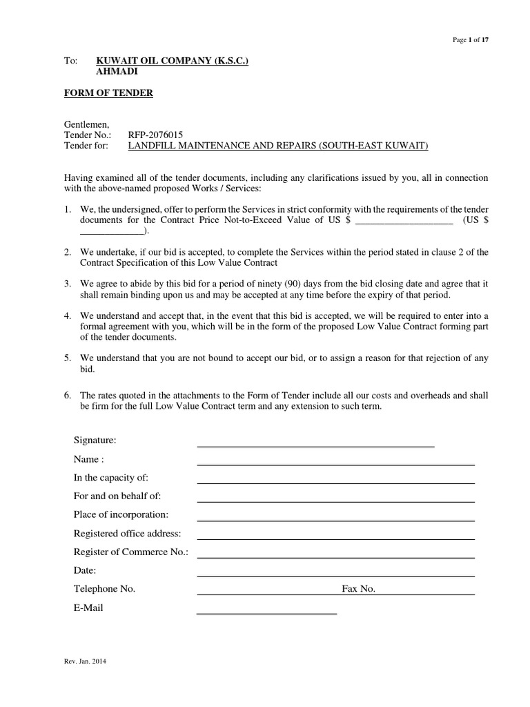 Kuwait Oil Company (K.S.C.) Ahmadi Form of Tender | PDF | Specification ...