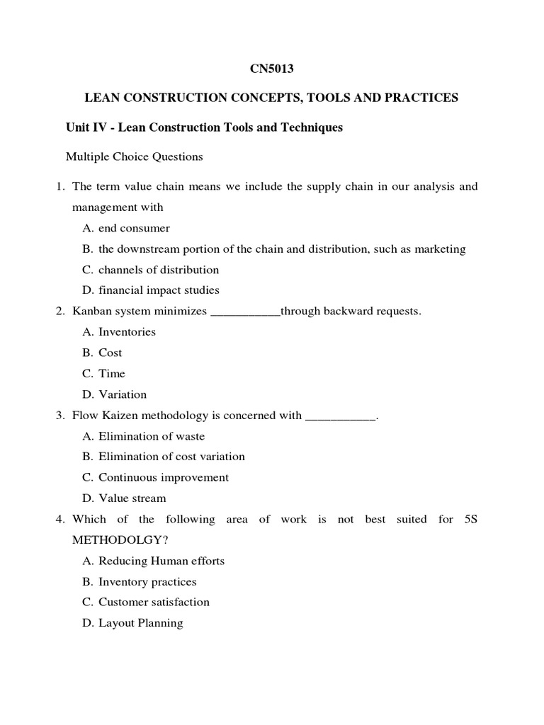 Lean Construction Tools MCQs | PDF
