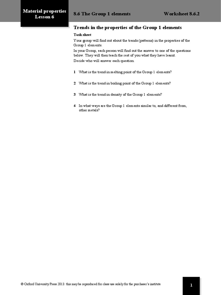 Material Properties Lesson 6: 8.6 The Group 1 Elements Worksheet 8.6.2 ...