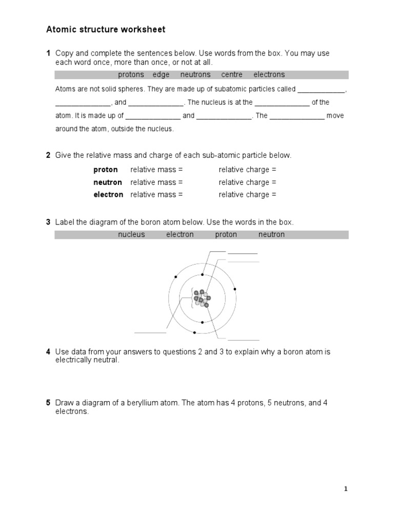 Atomic Structure Worksheet | PDF | Atoms | Atomic Nucleus
