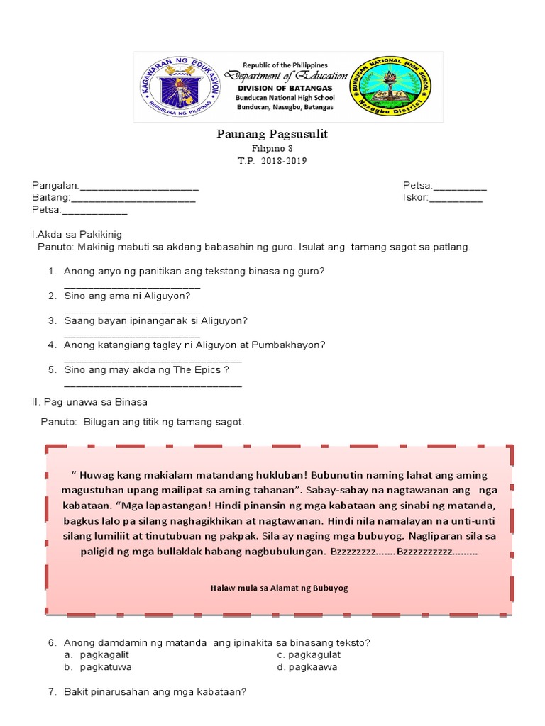 Paunang Pagsusulit Sa Filipino 8 | PDF