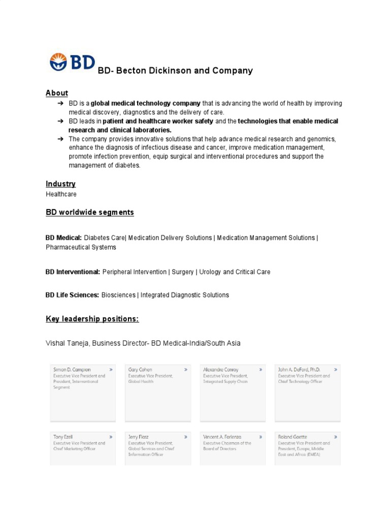 BD - Becton Dickinson and Company | PDF | Health Economics | Health Care