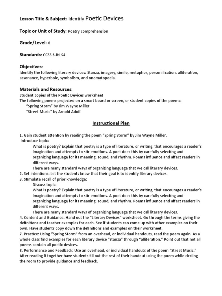 Poetic Devices Jot2 Lesson Plan | PDF