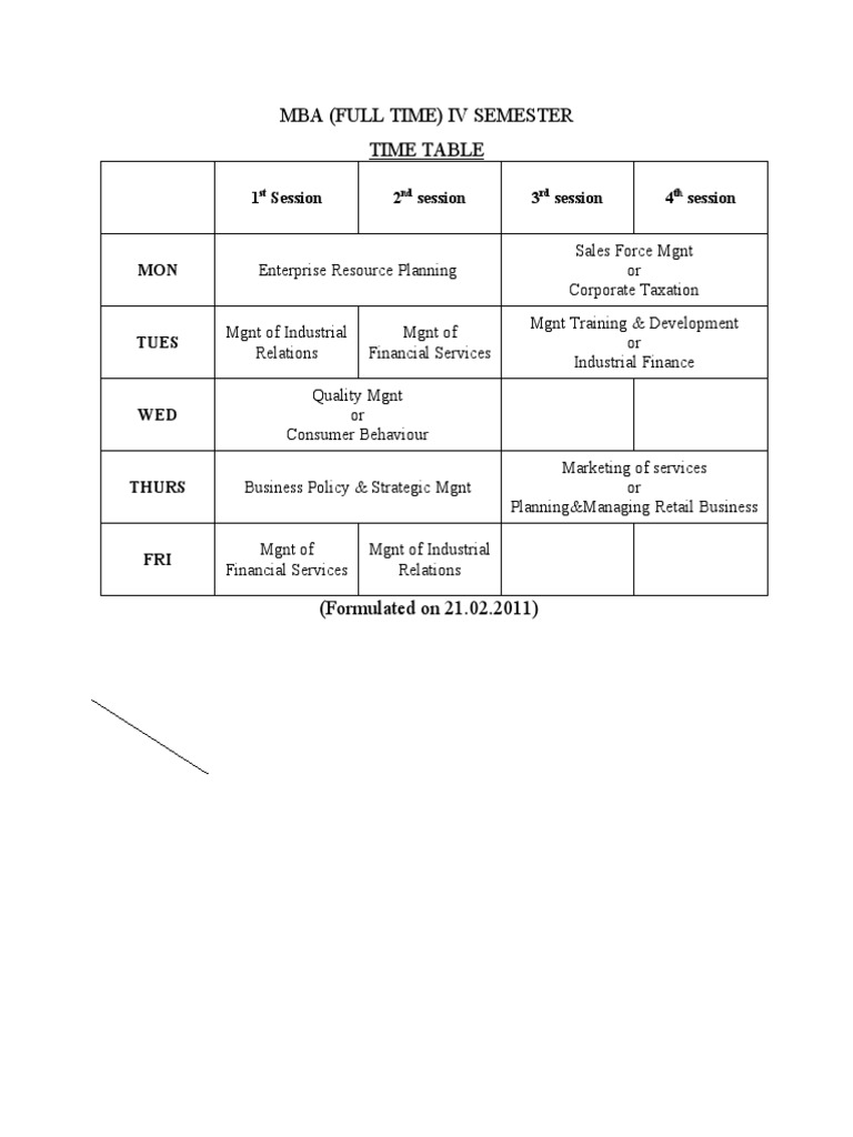 MBA IV Semester Timetable Overview | PDF | Business | Finance & Money ...