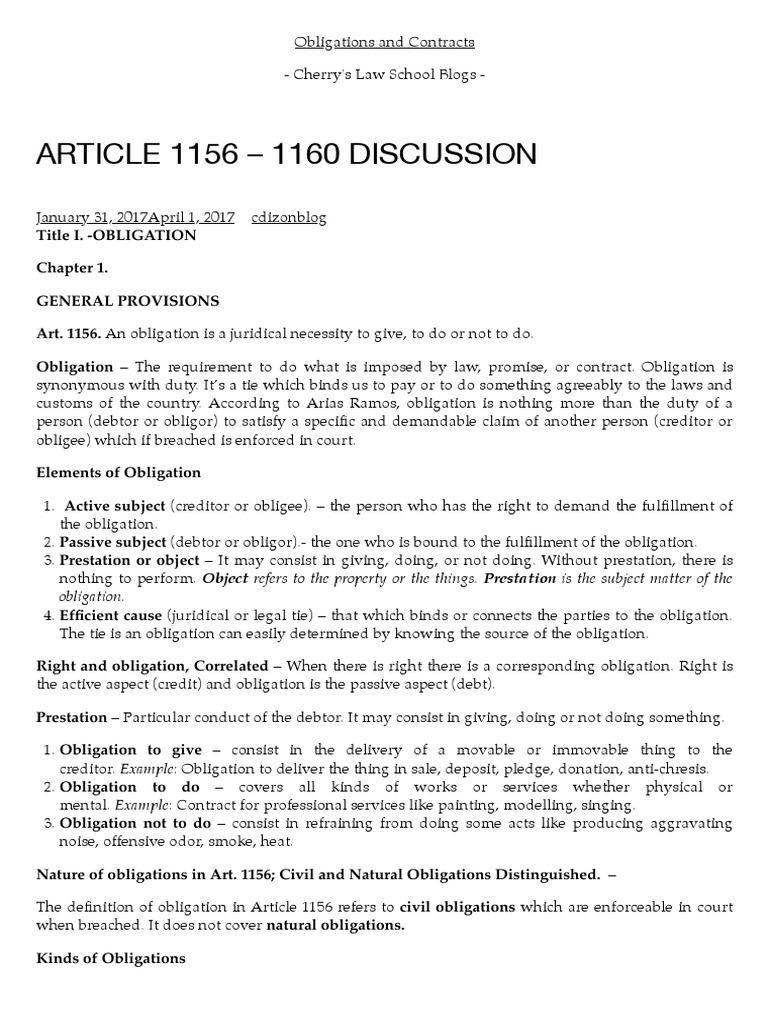 ARTICLE 1156 - 1160 DISCUSSION - Obligations and Contracts | PDF | Law ...