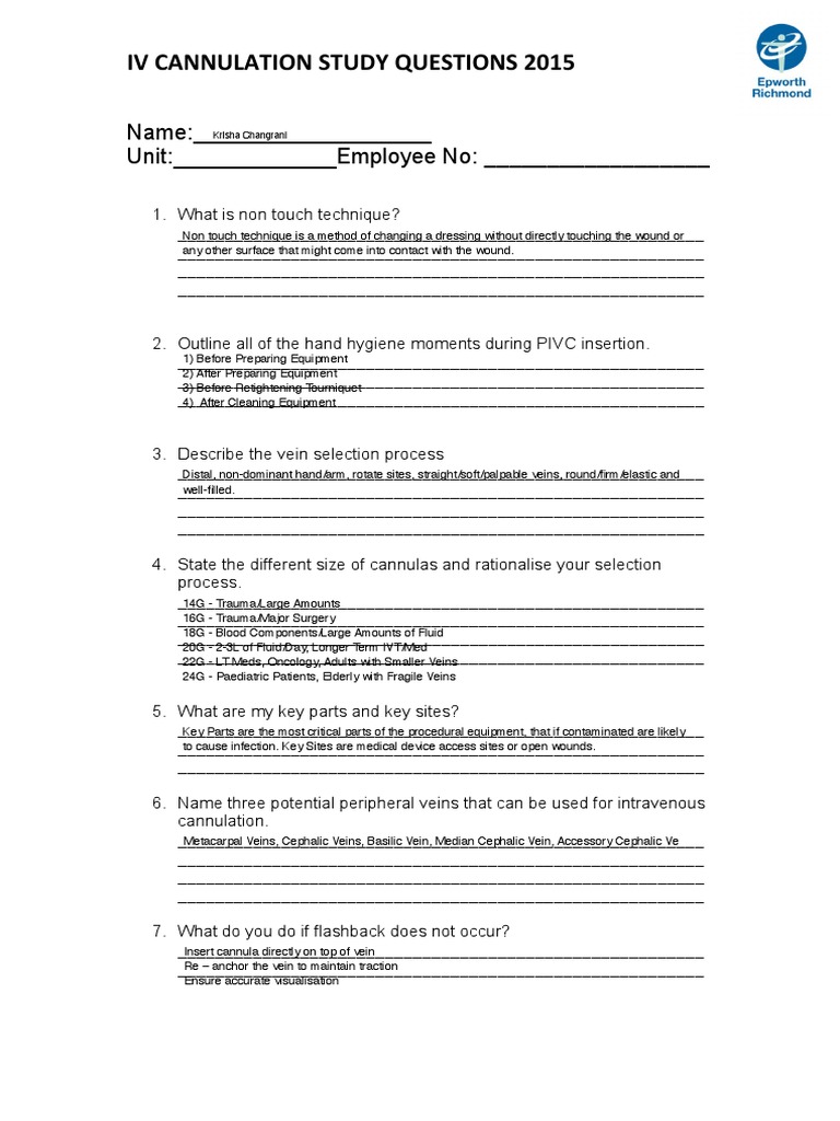 IV Cannulation Study Questions 2015 | PDF | Intravenous Therapy ...