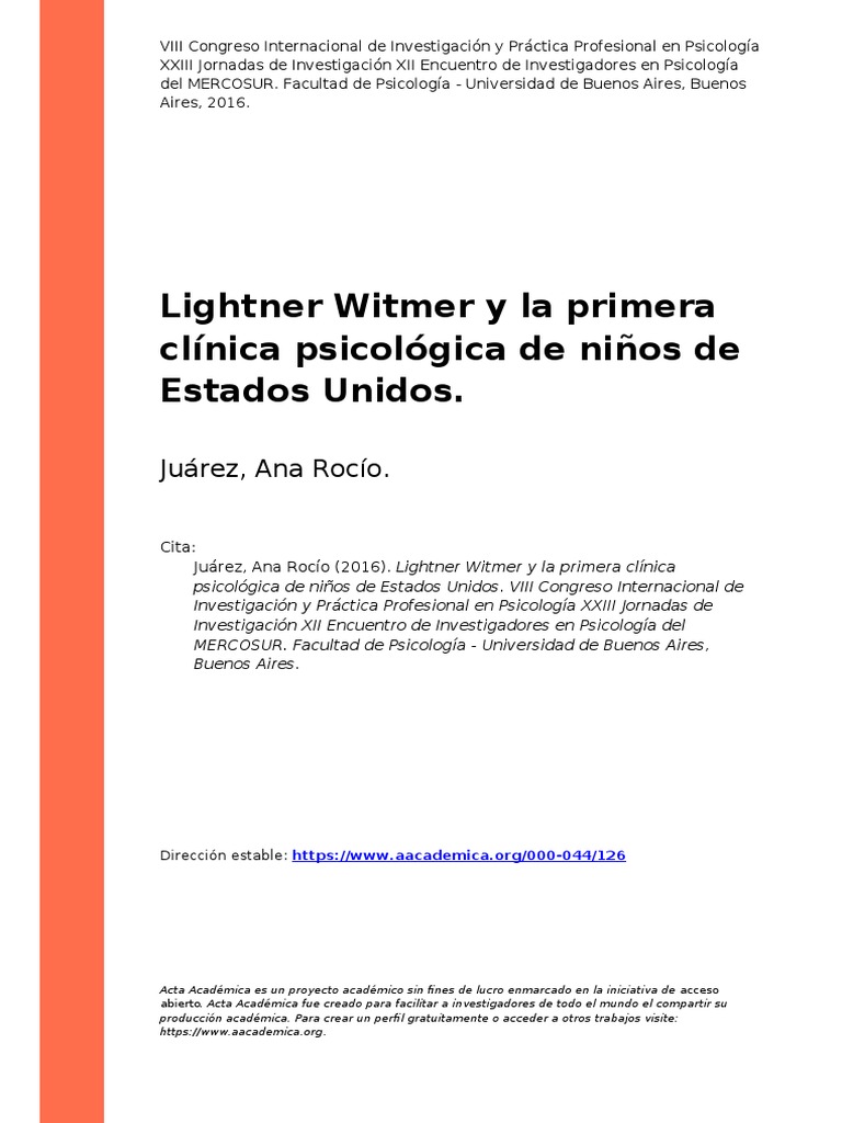 Lightner Witmer y La Primera Clinica Psicologica de Niños de Estados ...