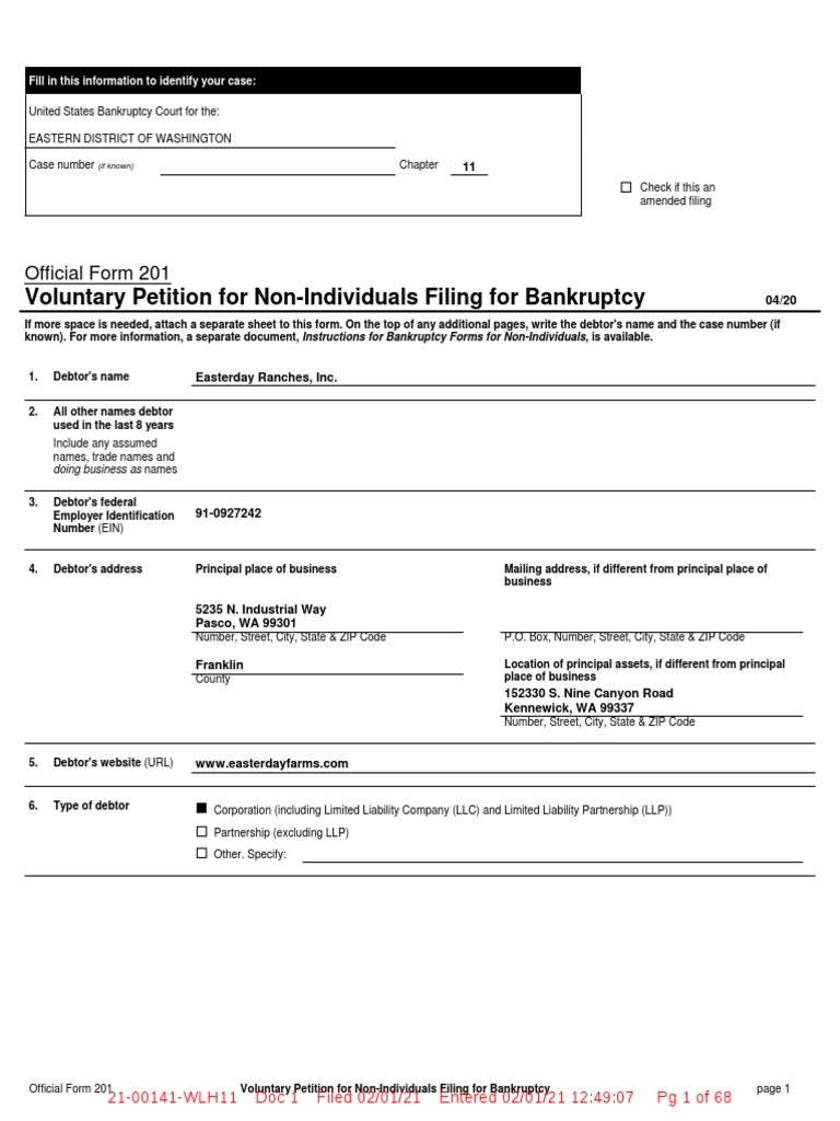 Easterday Ranches Bankruptcy Filing | PDF | Indemnity | Chapter 11
